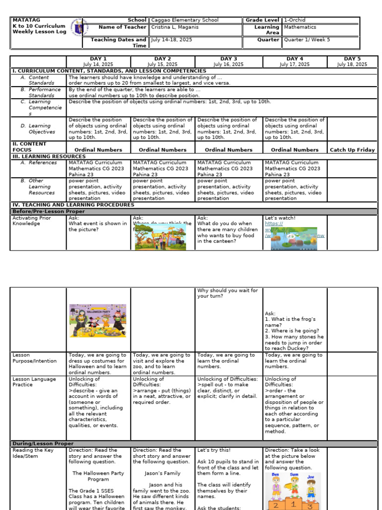 g1 q1 DLL Week 5 Mathematics | PDF | Curriculum | Learning