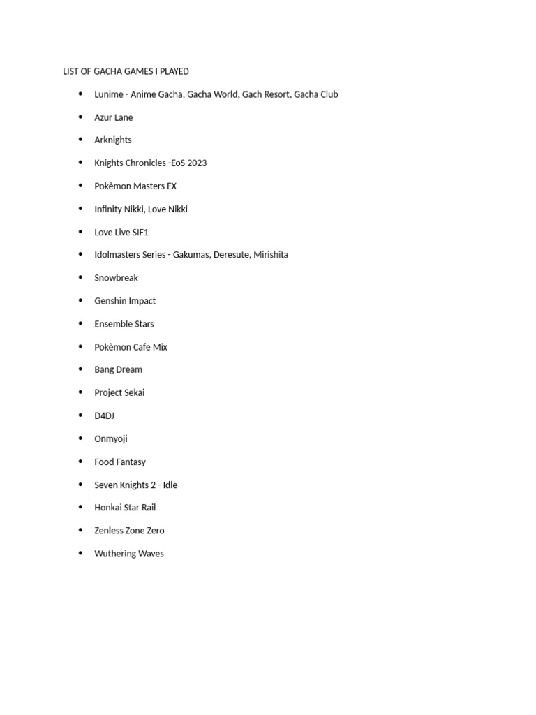 List of Gacha Games I Played | PDF