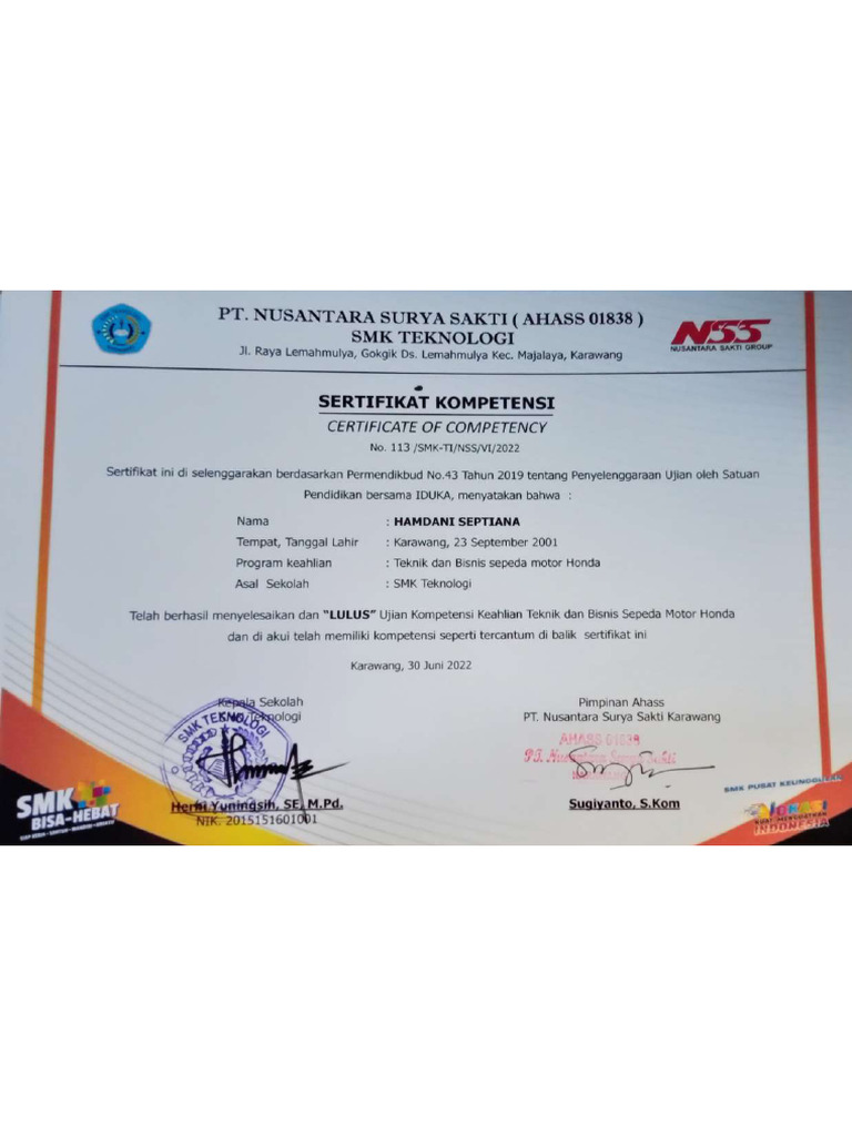 Sertifikat PKL - Hamdani Septianabpdf | PDF