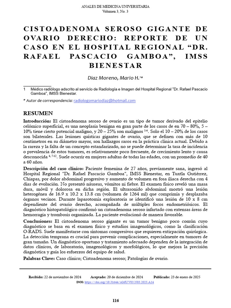 Cistoadenoma Seroso Gigante de Ovario Derecho: Reporte de Un Caso en El ...