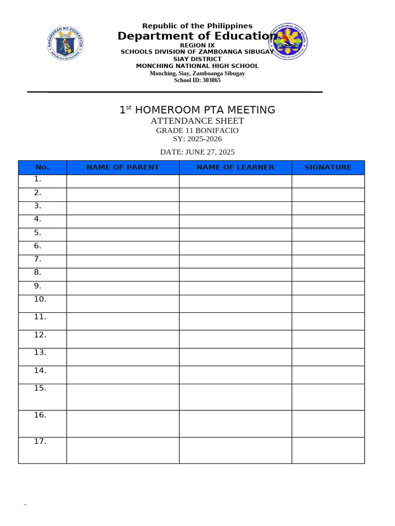 Grade 11 PTA Meeting Attendance Sheet | PDF