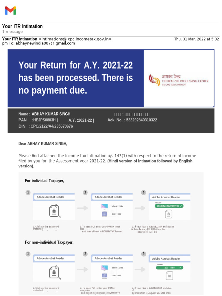 Gmail - Your ITR Intimation | PDF | Gmail | Internet