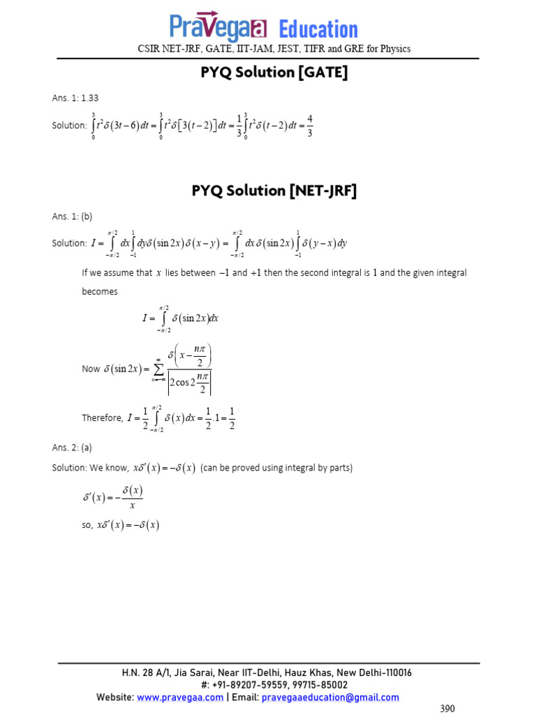 Chapter 7 Dirac Delta Function PYQ Solution | PDF | Theoretical Physics | Physics