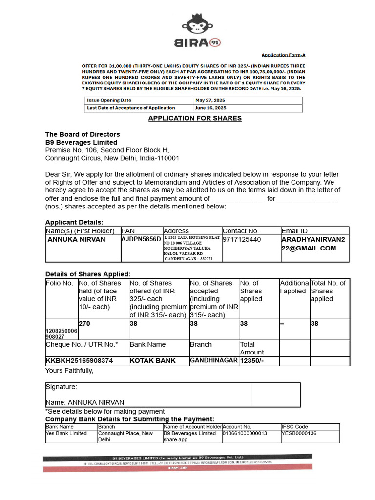 Form A - Right Issue B9 Beverages | PDF