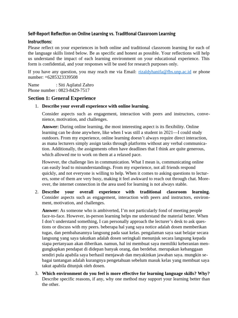 Self-Report Reflection On Online Learning vs. Traditional Classroom Learning | PDF | Educational ...