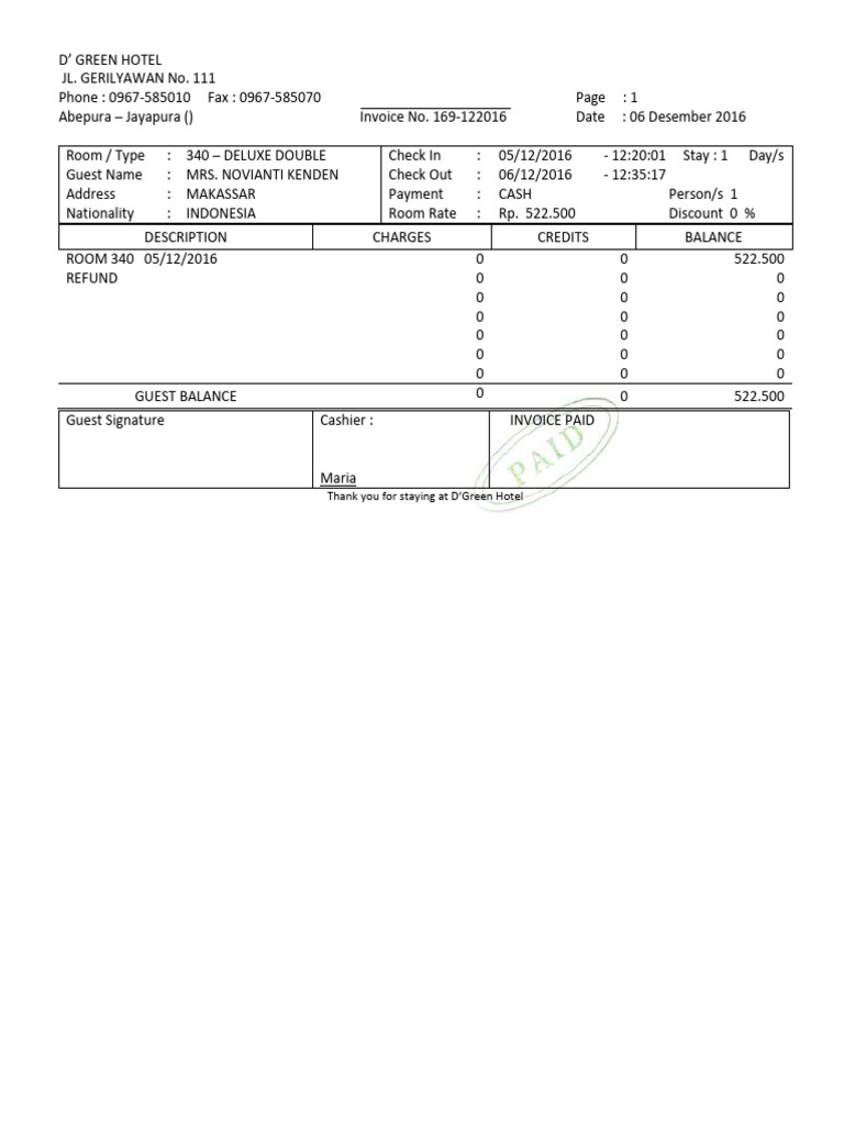 4-Contoh Bill Hotel Manual | PDF