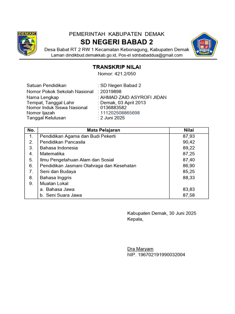 Format Transkrip Nilai SDN Babad 2 | PDF