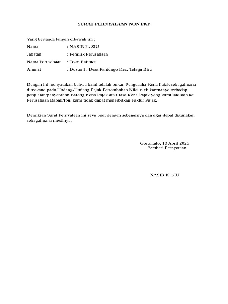 Surat Pernyataan Non Pkp | PDF