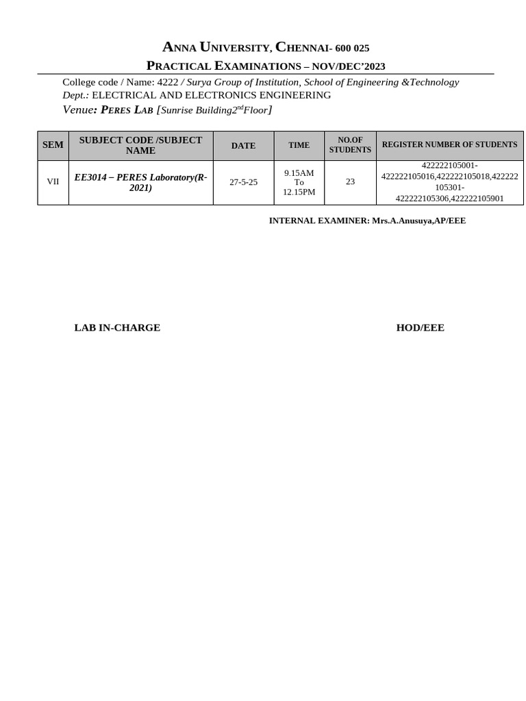 Anna University Lab Schedule Ped Lab 2025 | PDF
