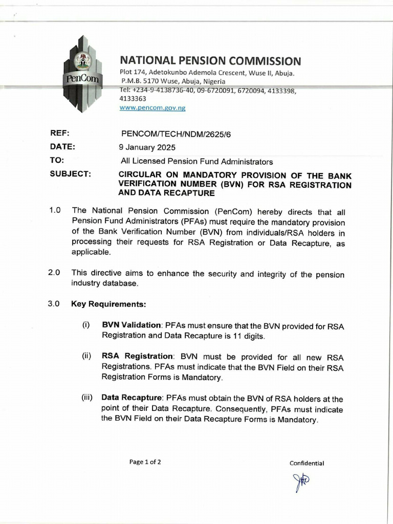 Circular To PFAs On The Mandatory Adoption of The BVN | PDF