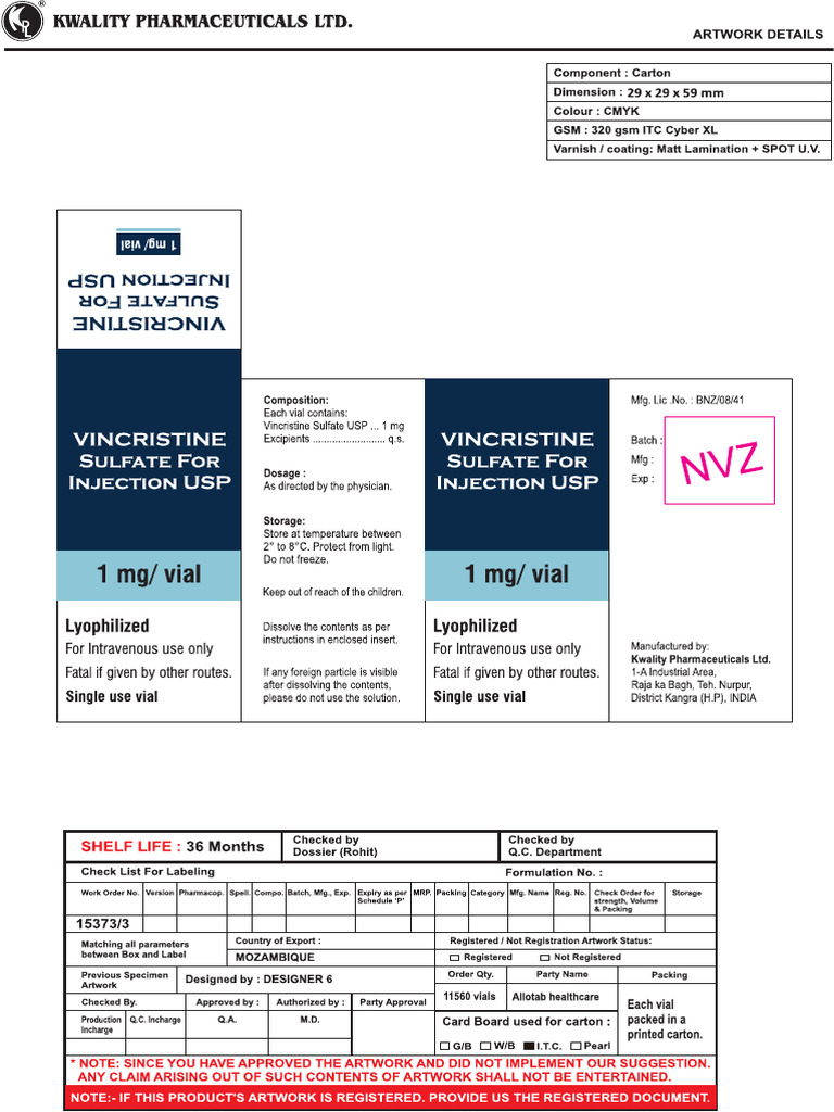 Vincristine Sulfate Injection USP 1mg Vial (Lyophilized) Box | PDF