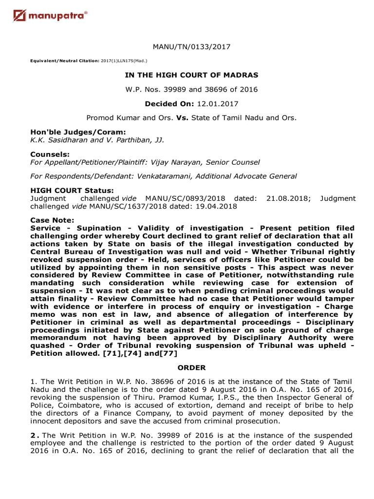Madras High Court Ruling on Police Suspension | PDF | Appeal | Supreme ...