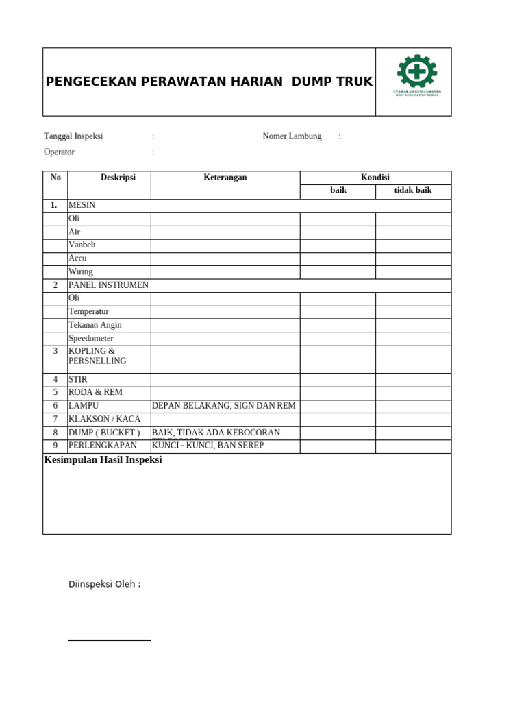 Checklist Dump Truck | PDF