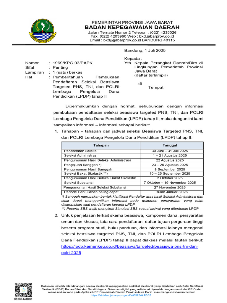 Pembukaan Pendaftaran Seleksi Beasiswa Targeted PNS TNI Dan POLRI LPDP Tahap II 37dc84fc Signed ...