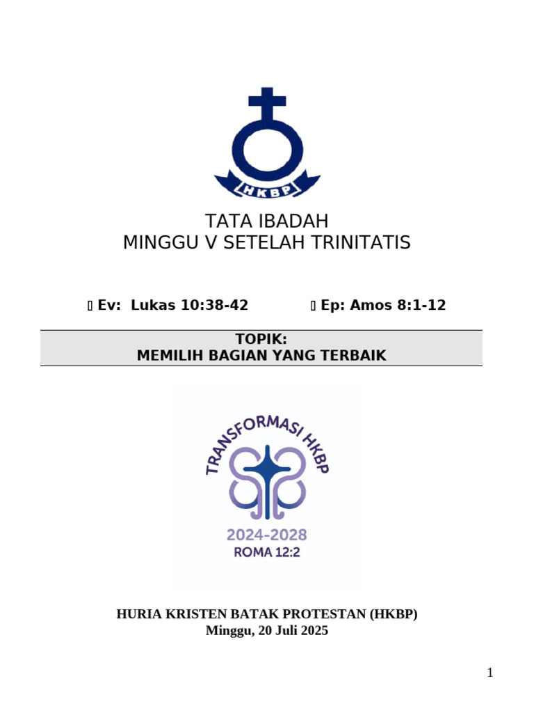 Tata Ibadah Minggu V Setelah Trinitatis 20 Juli 2025 Bahasa Indonesia | PDF