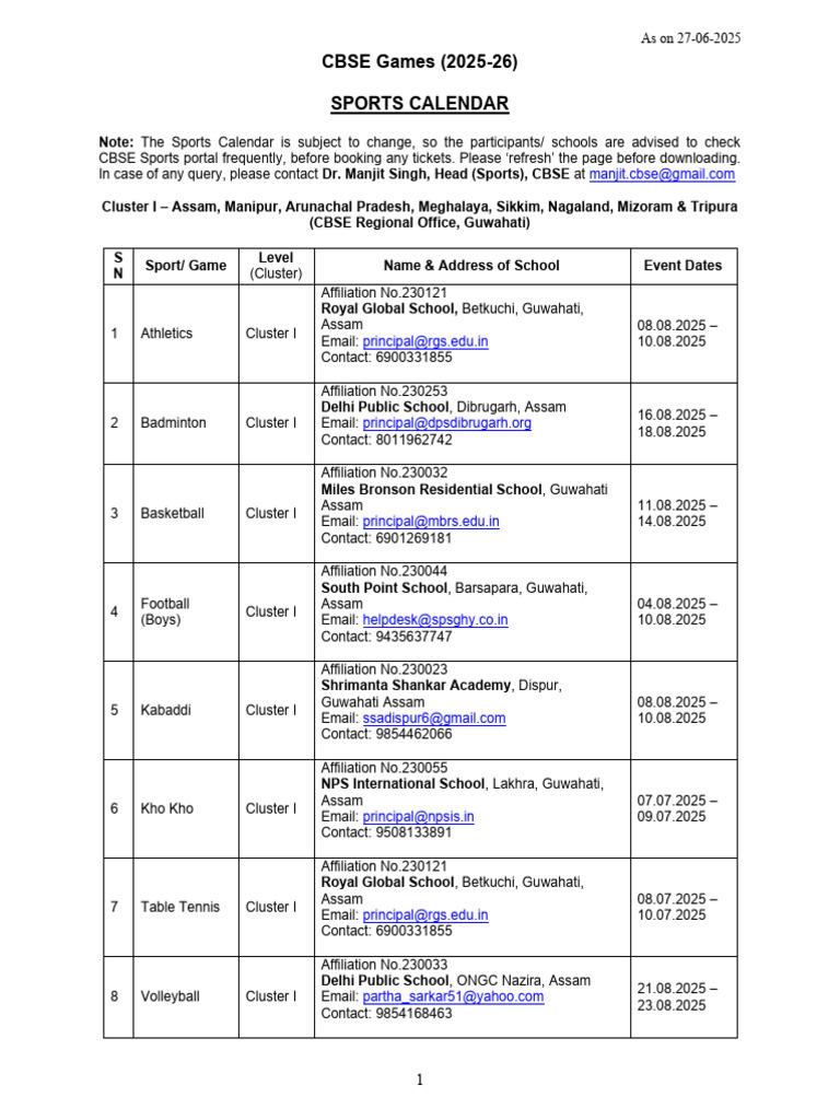 CBSE Sports Calendar 2025-26 Dates | PDF
