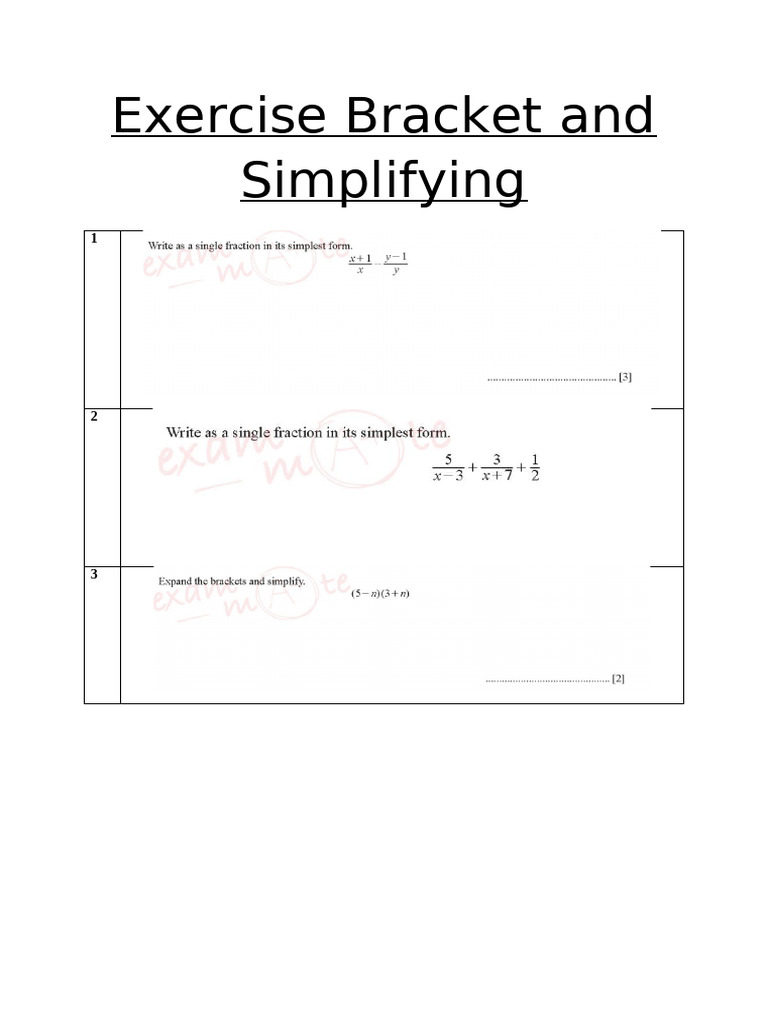 Exercise Bracket and Simplifying | PDF