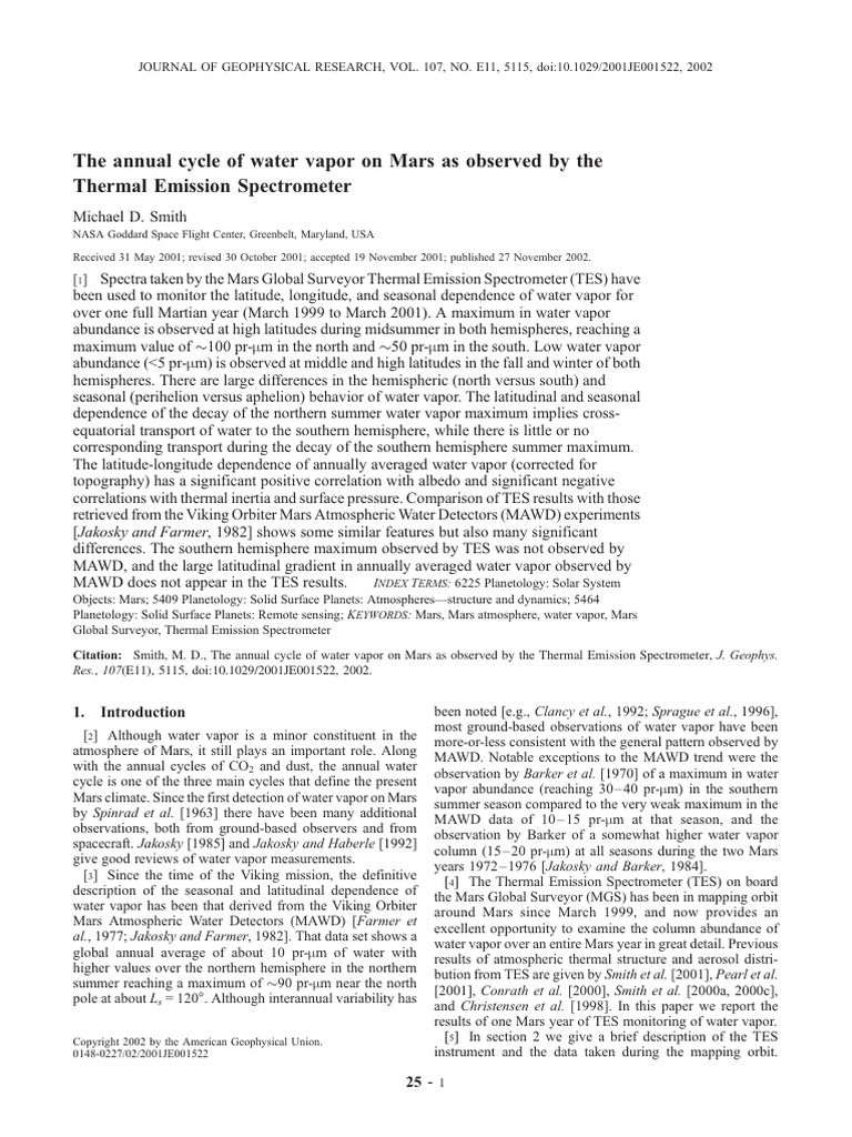 Mars Water Vapor Cycle Observed by TES | PDF | Mars | Water Vapor