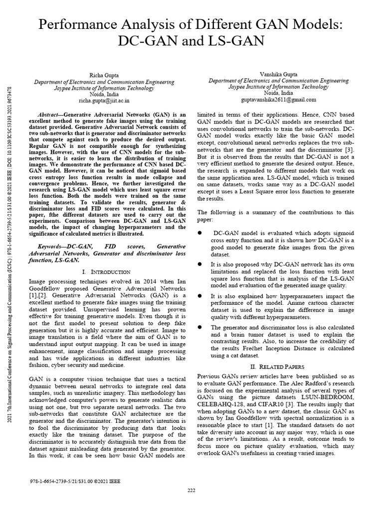 Performance Analysis of Different GAN Models DC-GAN and LS-GAN | PDF | Cognitive Science ...