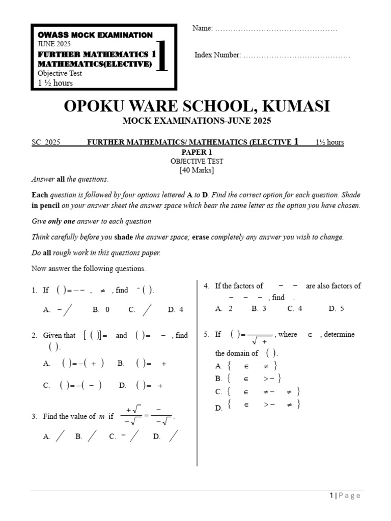 Elective Maths-Paper 1 Owass Mock-2025 | PDF | Velocity | Force
