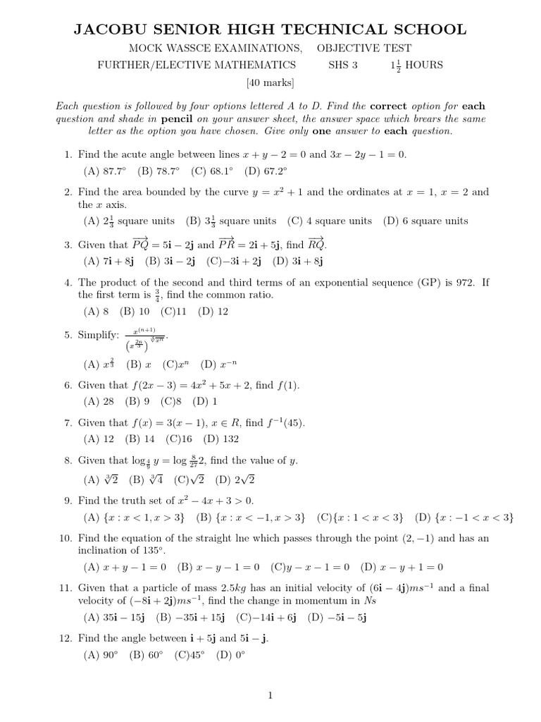 MOCK OBJ Elective Mathematics Examination For SHS 3 | PDF | Chess ...