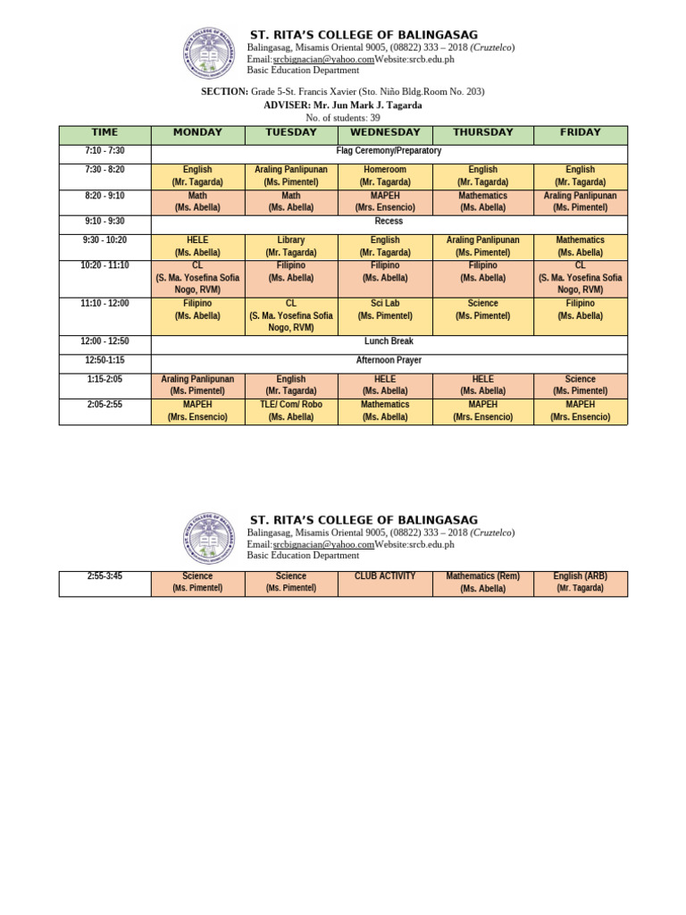 Grade 5 St. Francis Xavier Class Schedule 2024 2025 | PDF | Catholic Orders And Societies ...