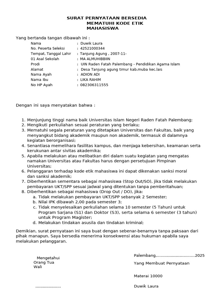 Surat Pernyataan Kebenaran Data Mahasiswa PDDIKTI | PDF