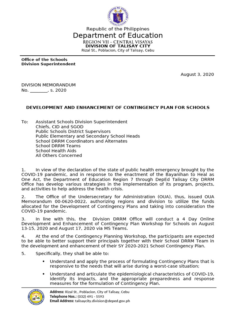 Contingency Planning Workshop Memorandum | PDF
