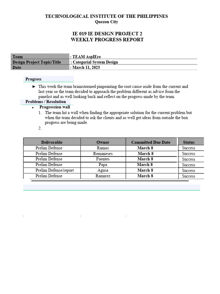 TEAM PROJECT 8 IE 019 Weekly Progress Report Week7 | PDF