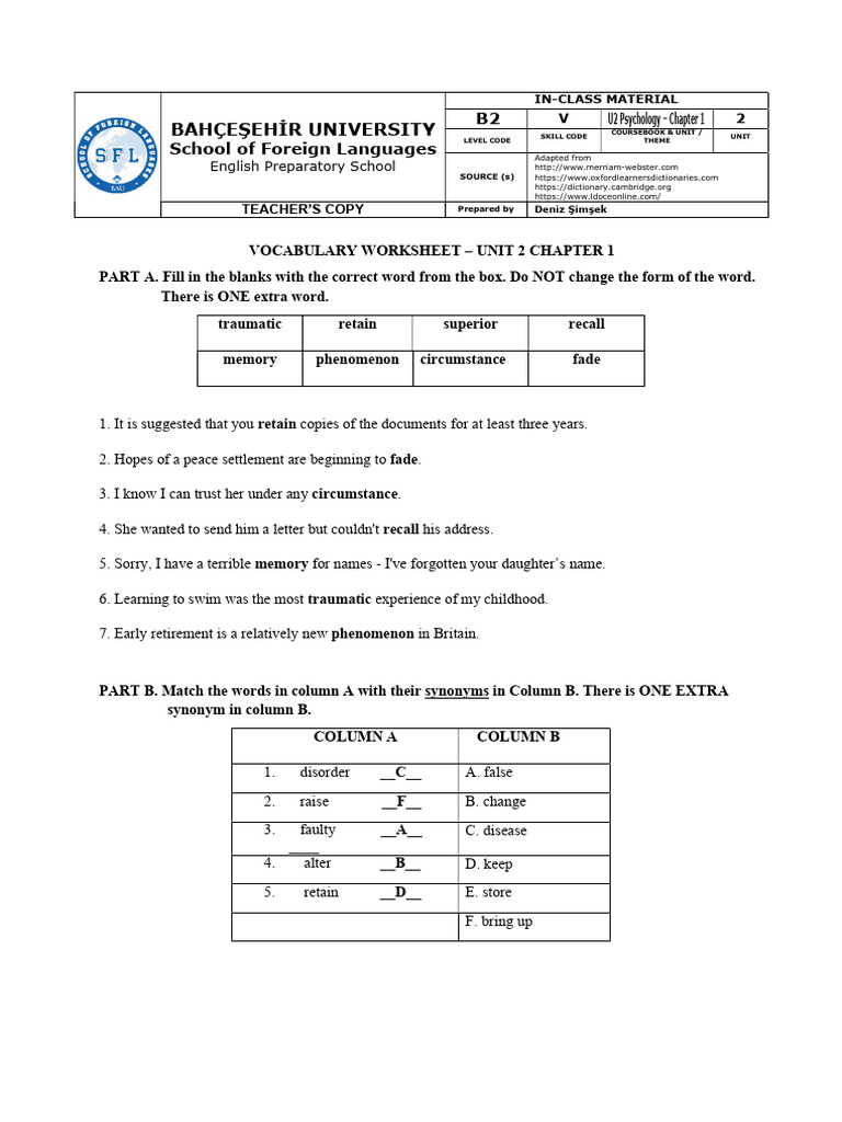 b2 Unit 2 CH 1 Vocabulary TC | PDF | Neuroscience | Behavioural Sciences