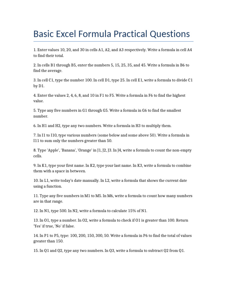 Excel Practical Formula Questions | PDF