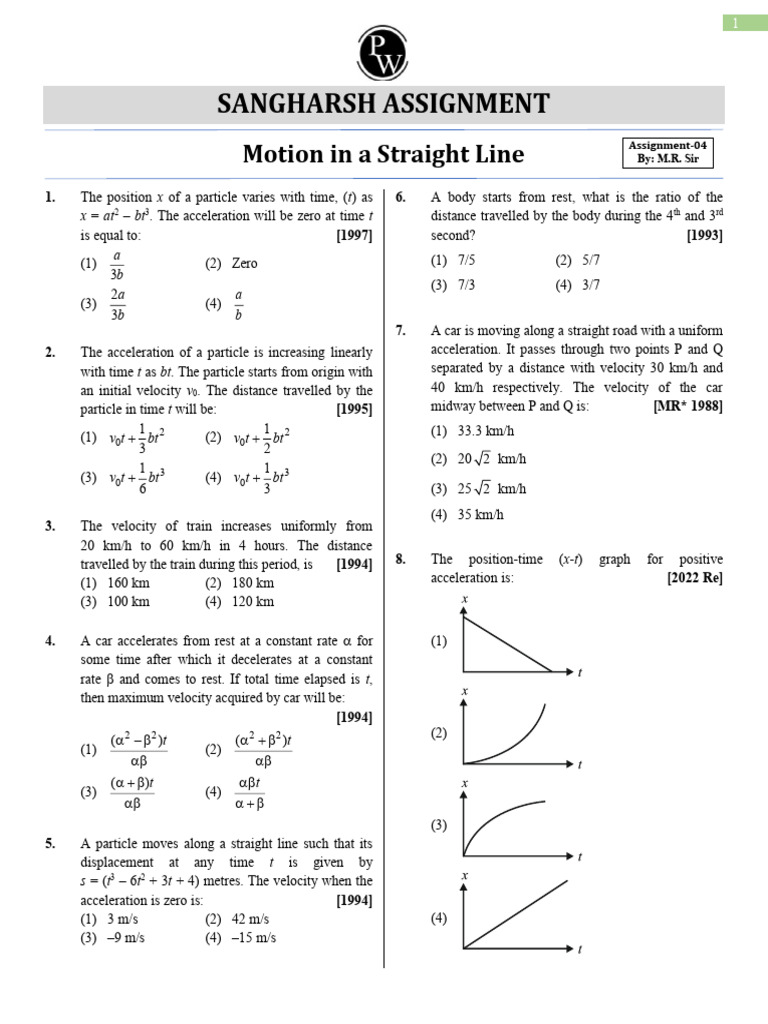 Sangharsh Assignment 04 Motion in A Straight Line Physics MR Sir | PDF ...