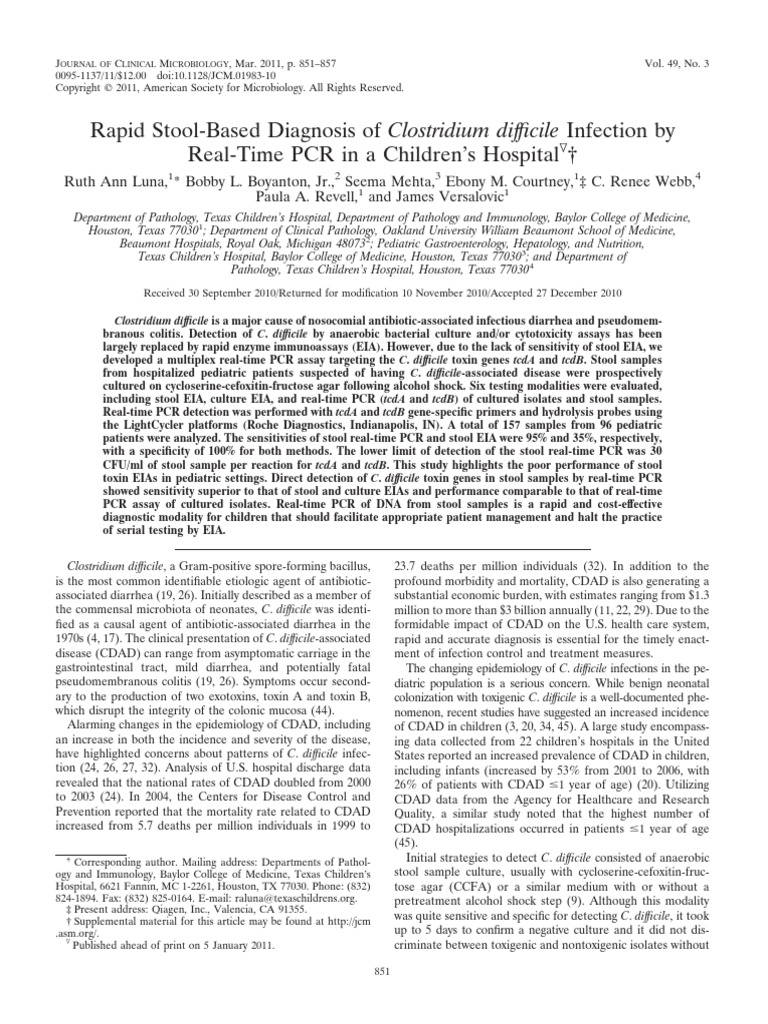 Rapid Stool-Based Diagnosis of Clostridium Difficile Infection by Real ...