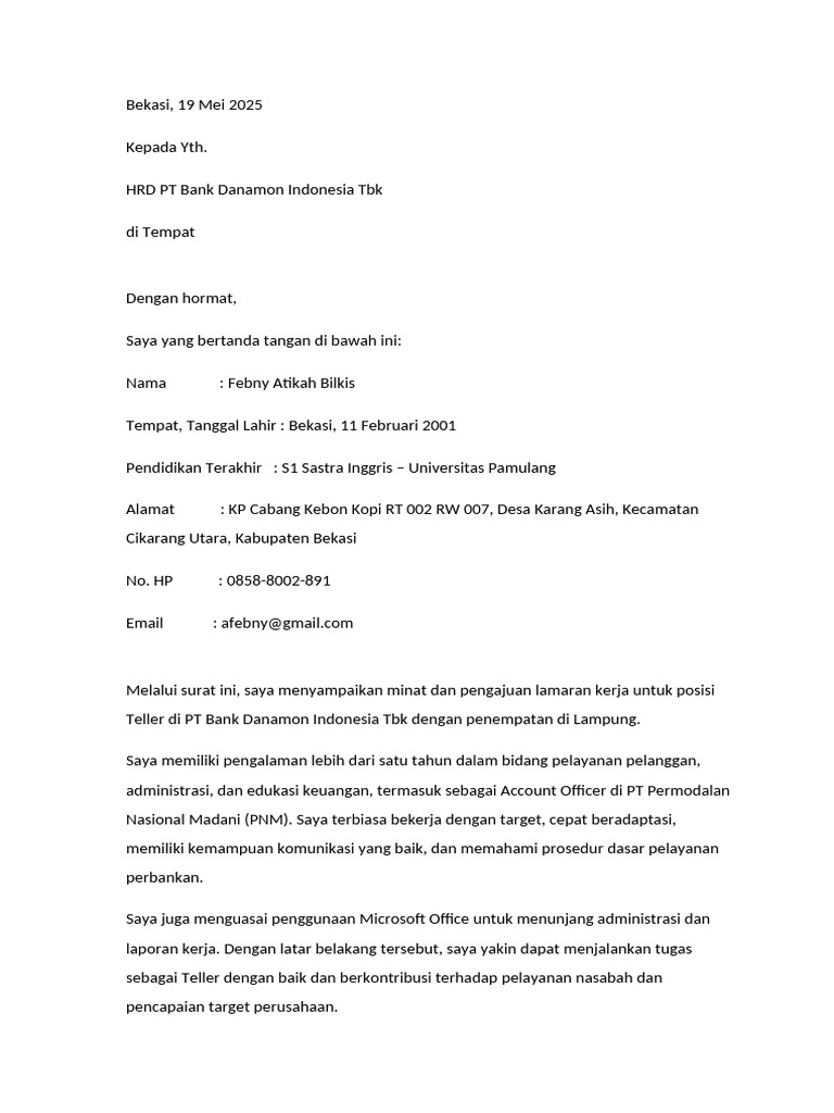 Surat Lamaran Teller Bank Danamon Febny | PDF