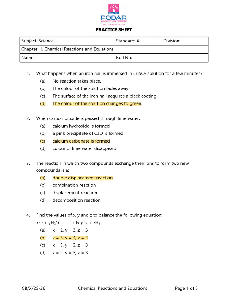 Chemical Reactions MCQ Practice Sheet | PDF | Chemical Reactions | Oxide