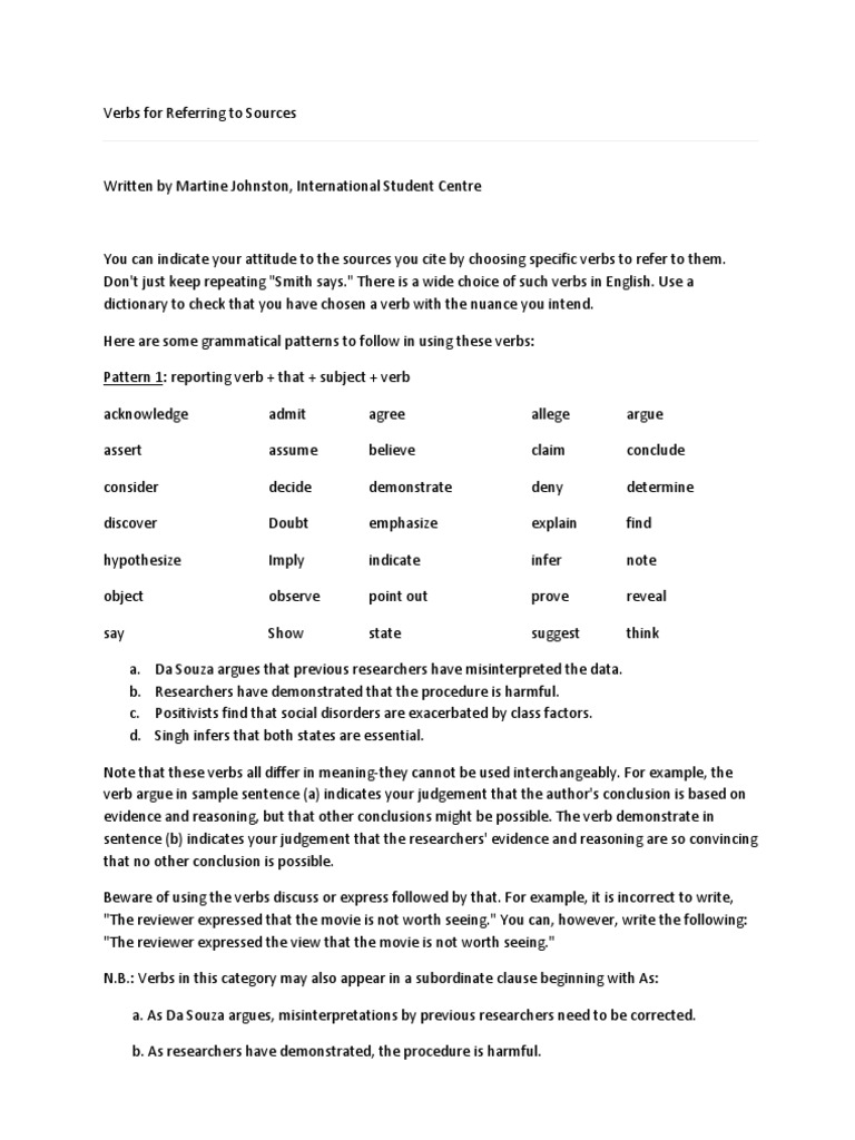 Verbs For Refering To Sources | PDF | Verb | Sentence (Linguistics)