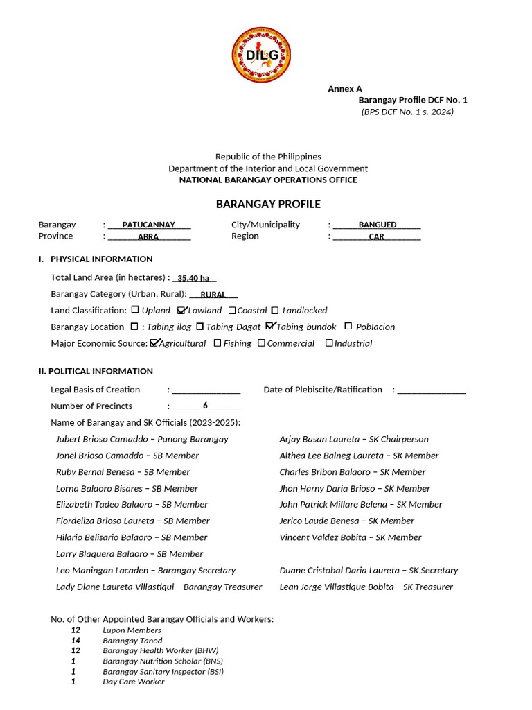 Barangay Profile - Patucannay | PDF