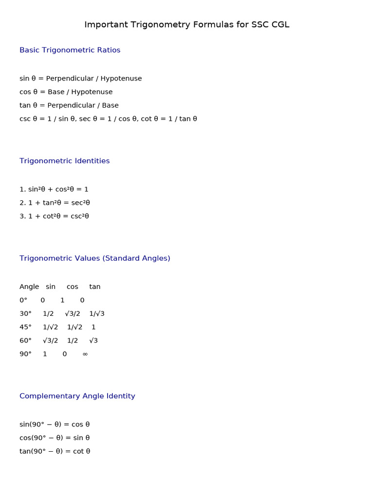 SSC CGL Trigonometry Formulas Guide | PDF