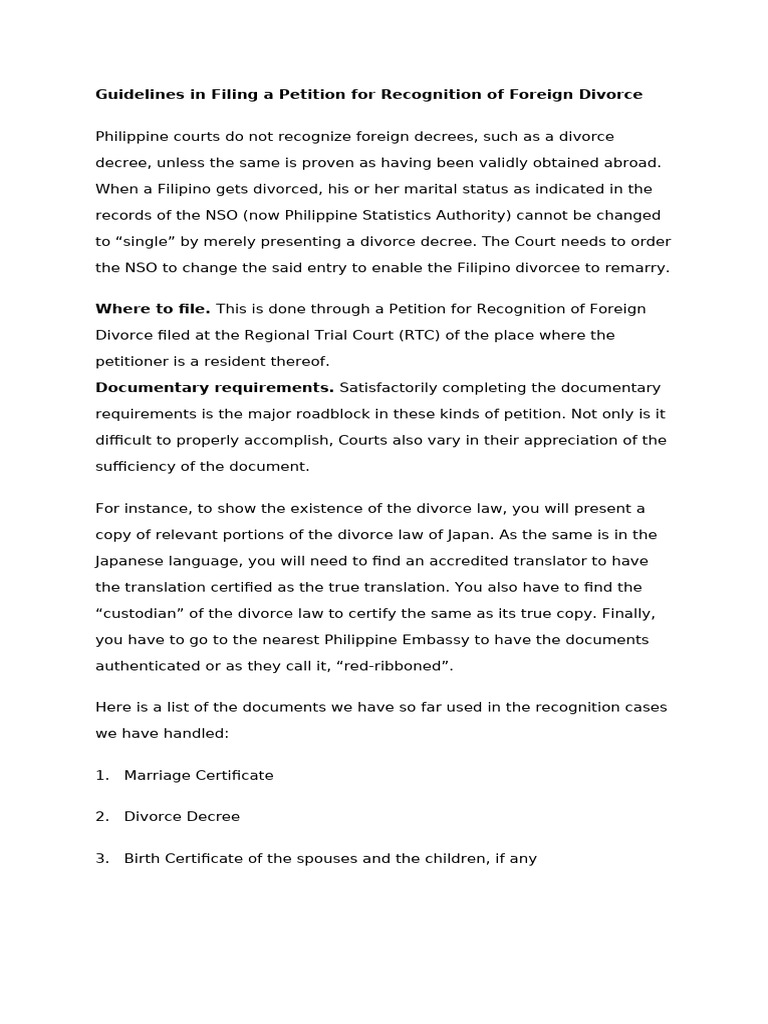 Guidelines in Filing A Petition For Recognition of Foreign Divorce | PDF | Divorce | Marriage