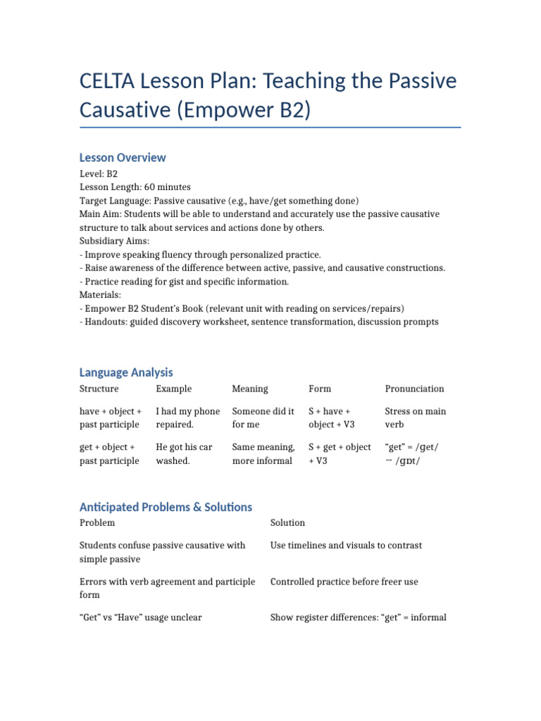 CELTA Lesson Plan: Passive Causative | PDF | Cognition | Learning