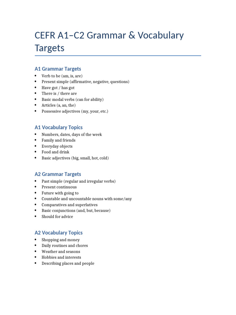 CEFR A1 C2 Grammar Vocabulary | PDF | Verb | Semantic Units