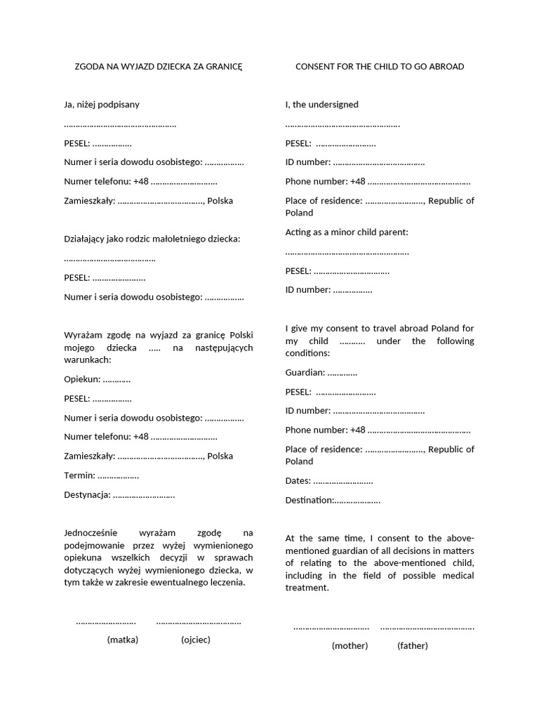 Zgoda Consent Wzór Draft | PDF