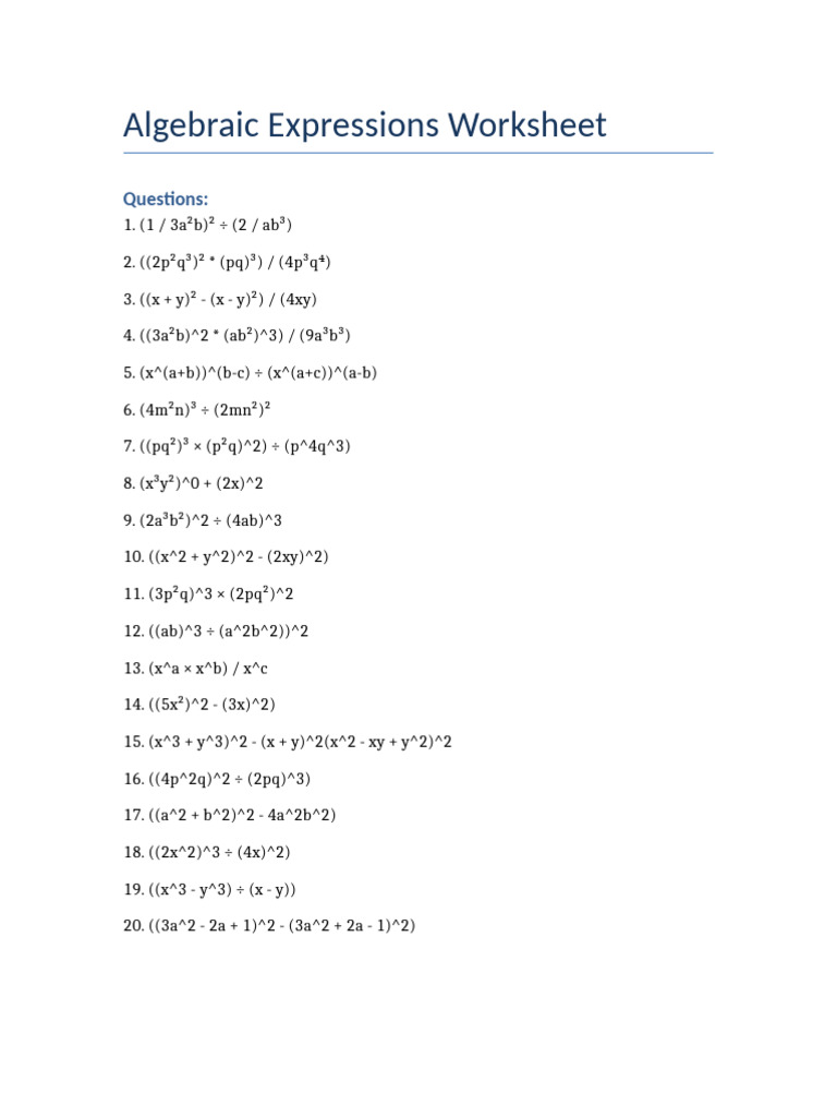 Algebraic Expressions Worksheet | PDF