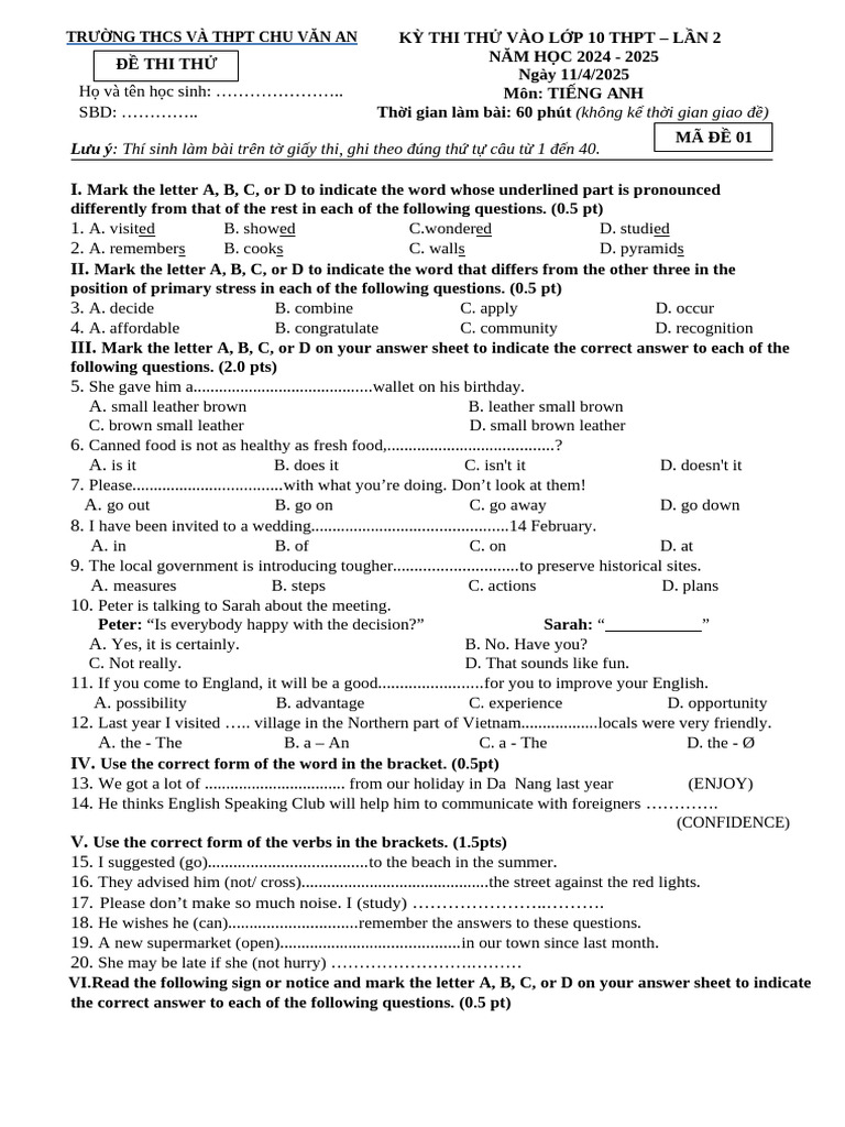 Đề Thi Thử Tiếng Anh Lớp 10 2024-2025 | PDF | Natural Environment