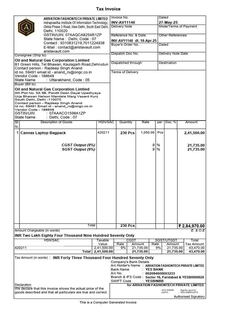 ONGC Revised Invoice-1 | PDF | Payments | Government Finances