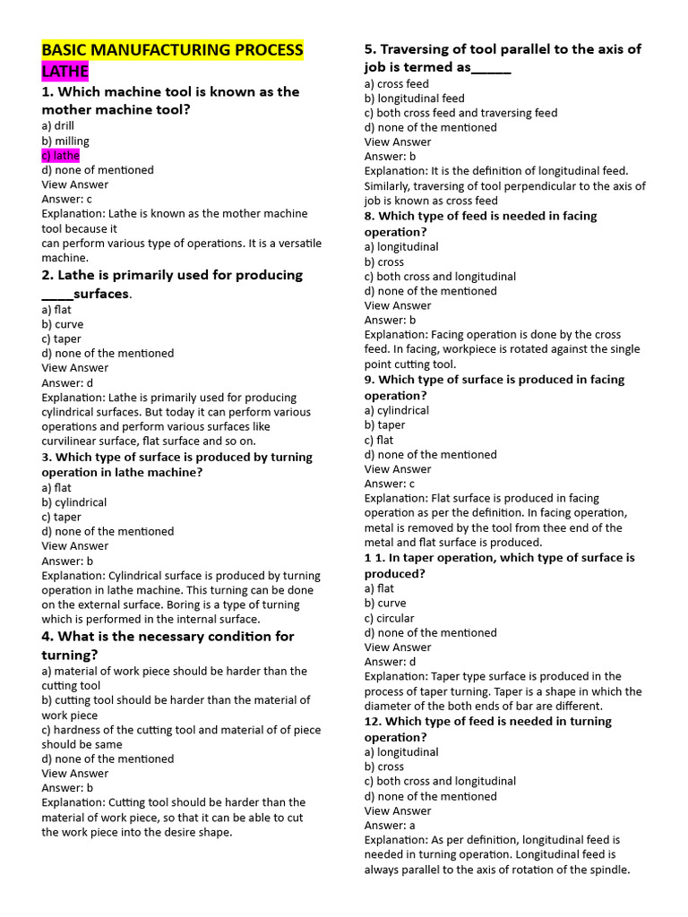 Basic Manufacturing Process MCQ | PDF | Drilling | Drill