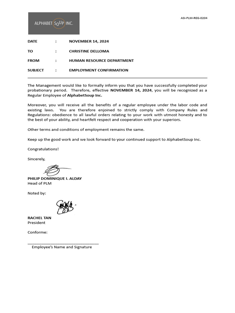 Asi PLM Reg 0204 Regularization Letter Christine Delloma | PDF | Legal Remedy | Breach Of Contract