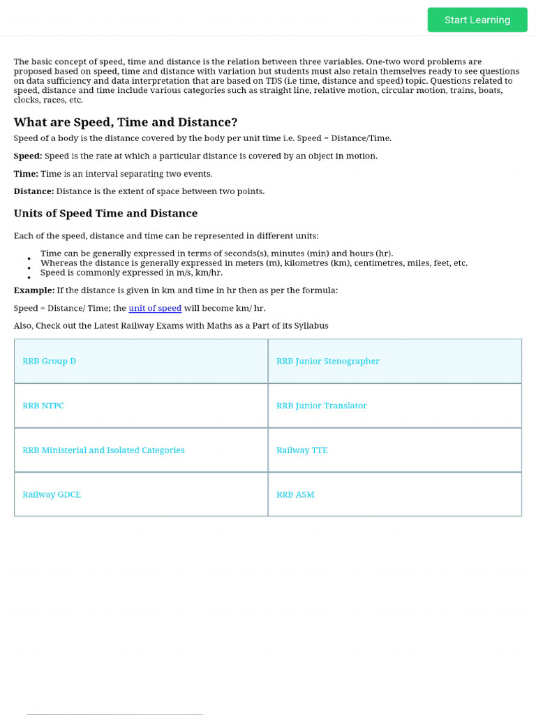 Speed, Time and Distance - Formulas, Relationship & Examples | PDF