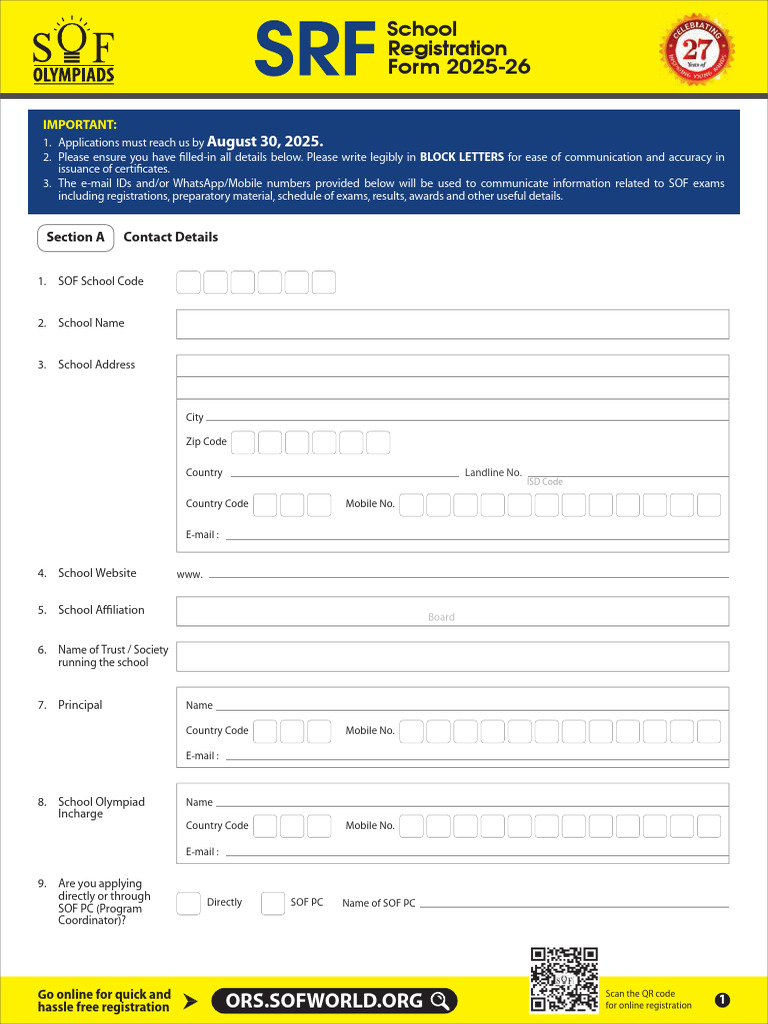 Sof School Registration Form SRF For Schools Outside India | PDF | Payments