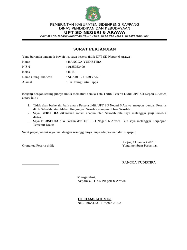 Surat Perjanjian Siswa 2021 | PDF